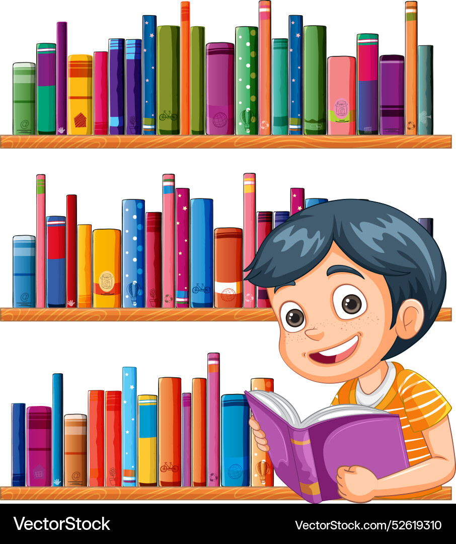 A boy reading book in library Royalty Free Vector Image