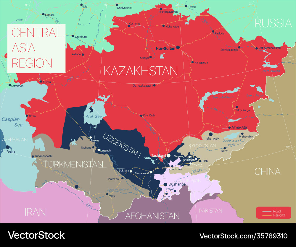Central asia region detailed editable map Vector Image