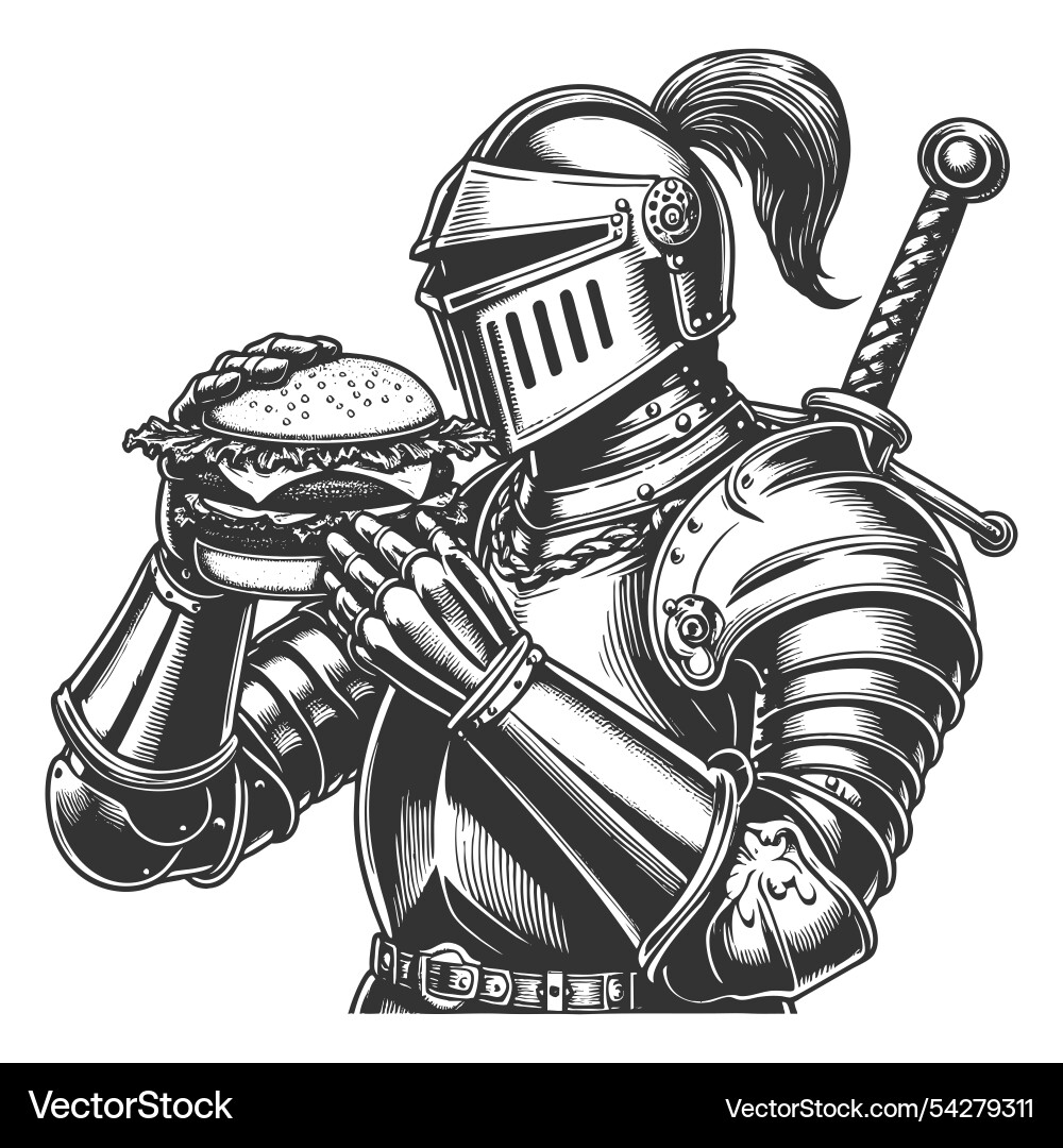 Medieval knight eating burger engraving Royalty Free Vector