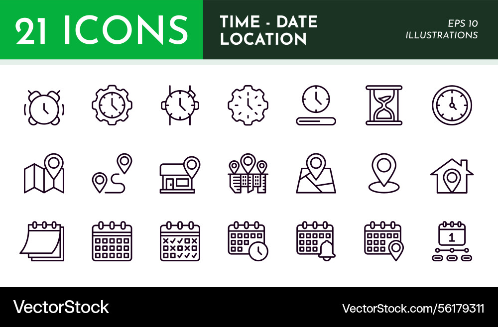 Time icons calendar date line clock symbol map Vector Image