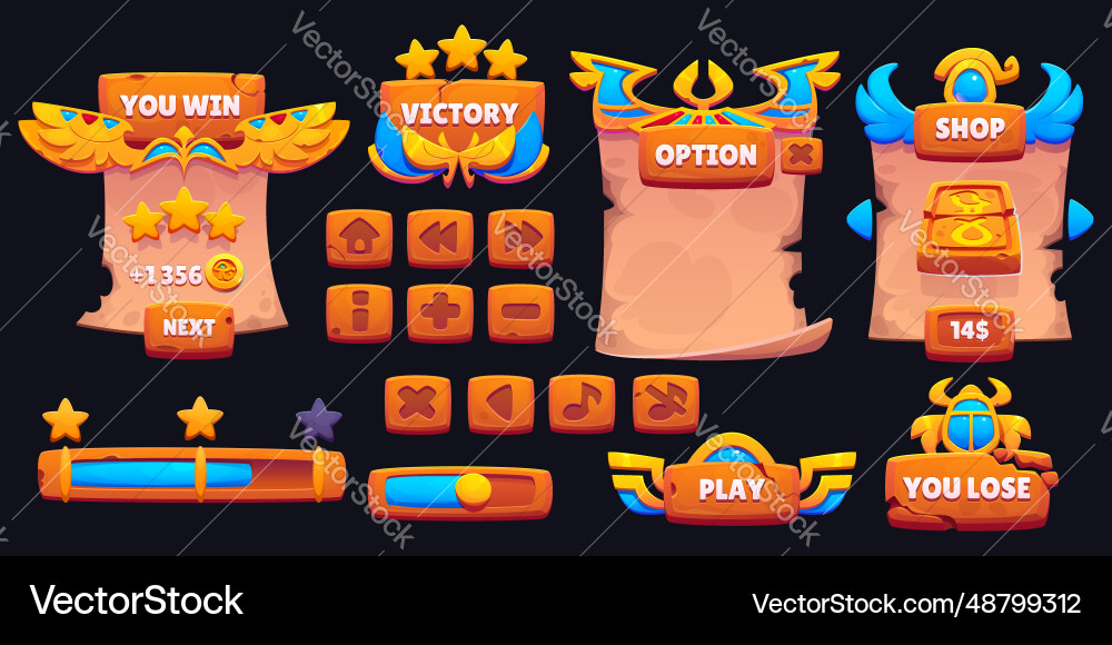 Egyptian game user interface elements and buttons Vector Image