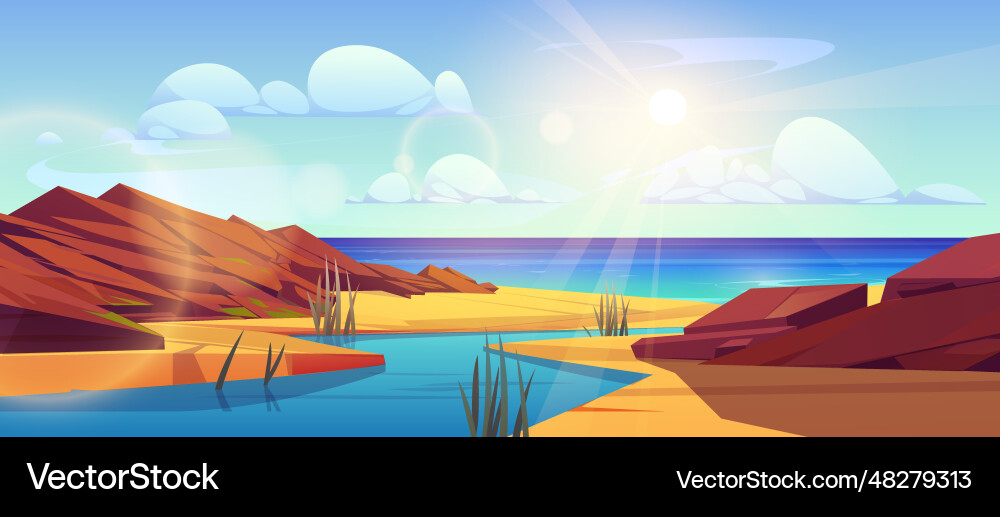 River delta landscape with water flowing into sea Vector Image
