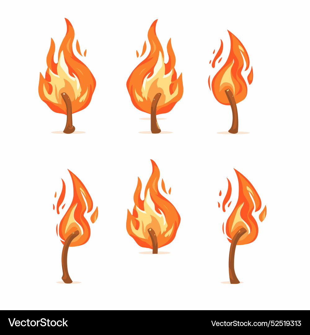 Six stylized cartoon flames engulf trees vibrant Vector Image