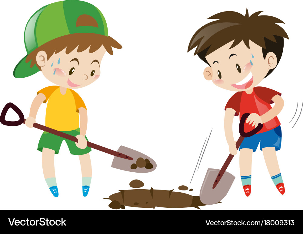 Two Children Digging a Hole Royalty Free Vector Image