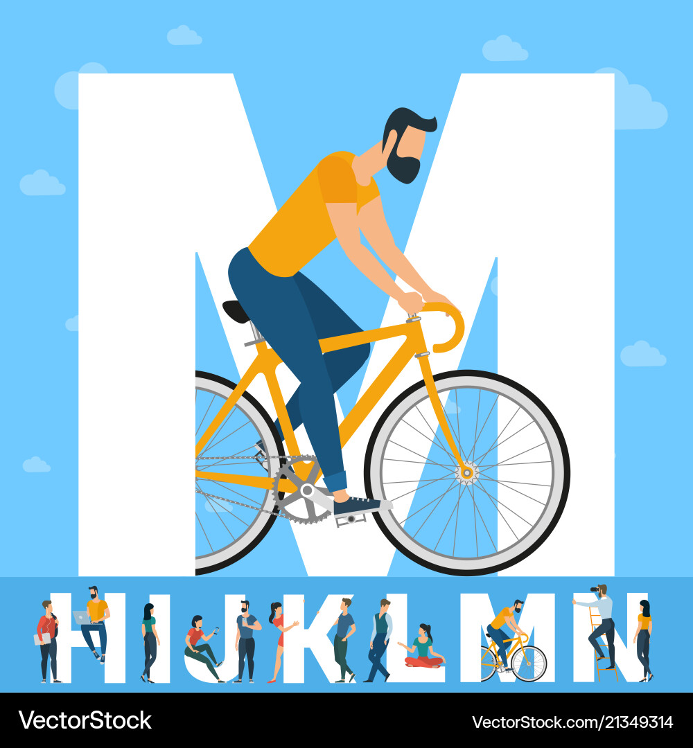 Big m letter white with young people Royalty Free Vector