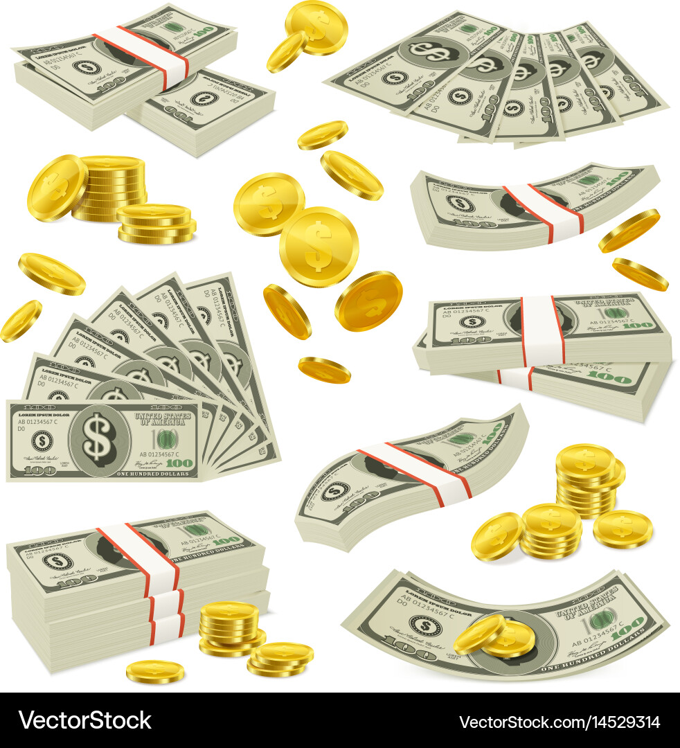 Realistic coins and banknotes money set Royalty Free Vector