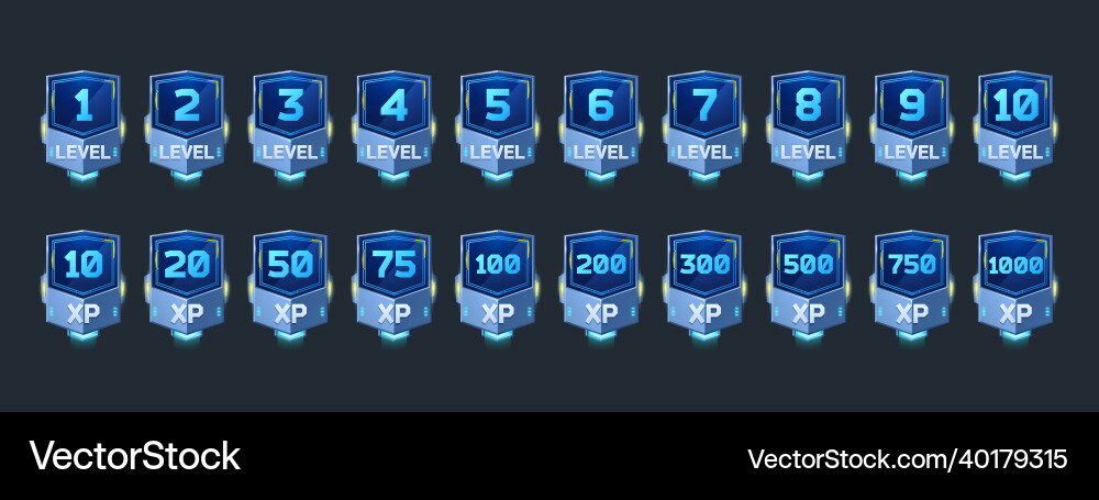 Badges with level number and xp for game Vector Image