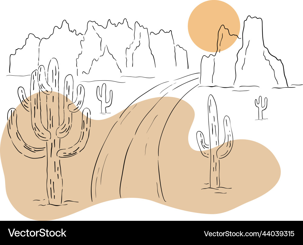 Desert road landscape line art Royalty Free Vector Image