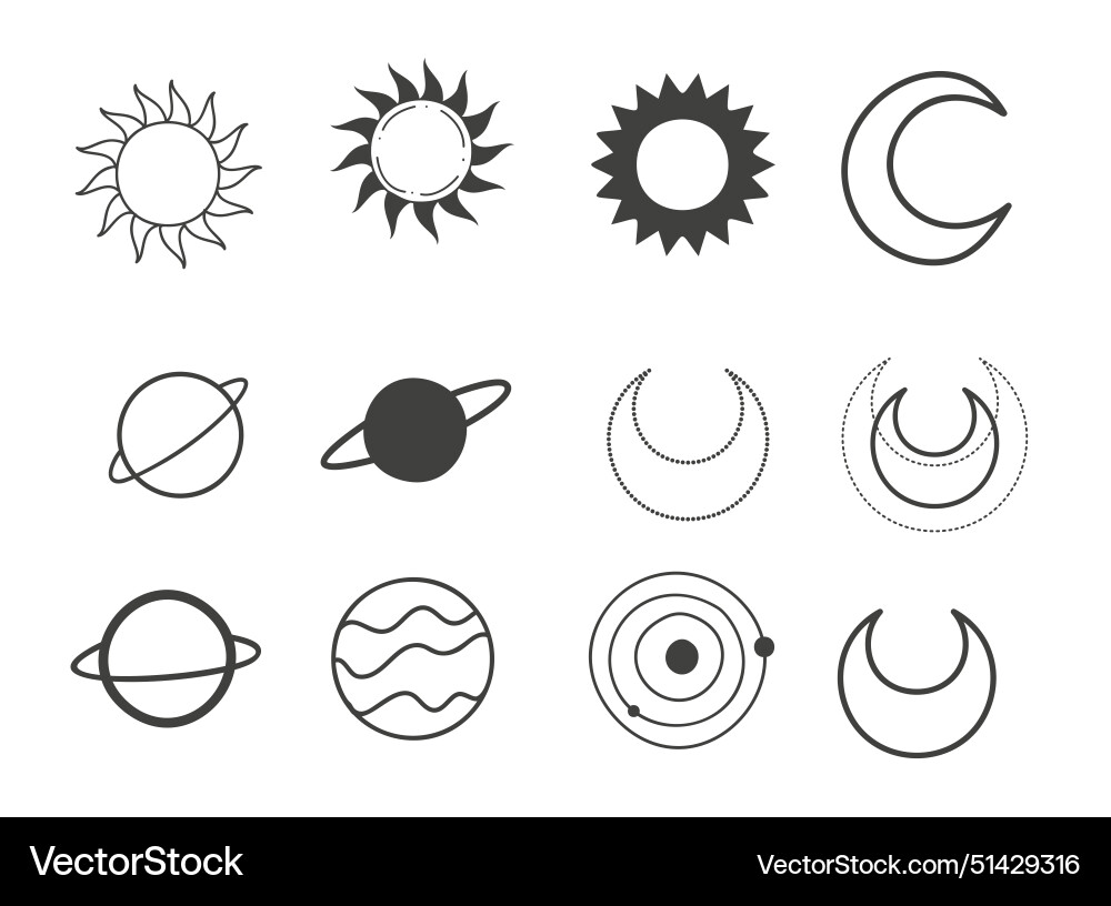 Celestial objects set moon sun stars planets Vector Image