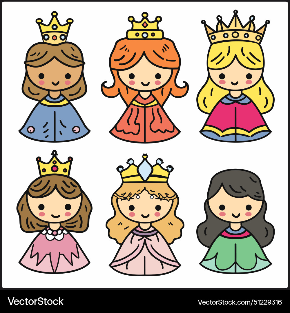 Collection six cartoon princess characters unique Vector Image