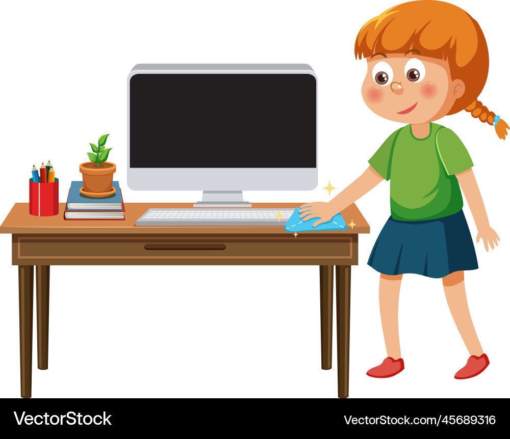 Girl cleaning computer desk Royalty Free Vector Image