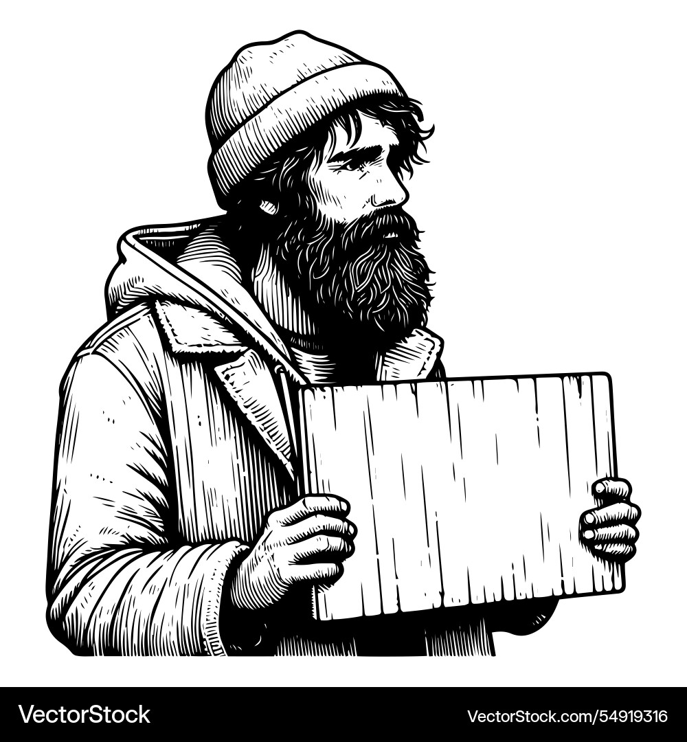 Homeless man sitting with blank sign Royalty Free Vector