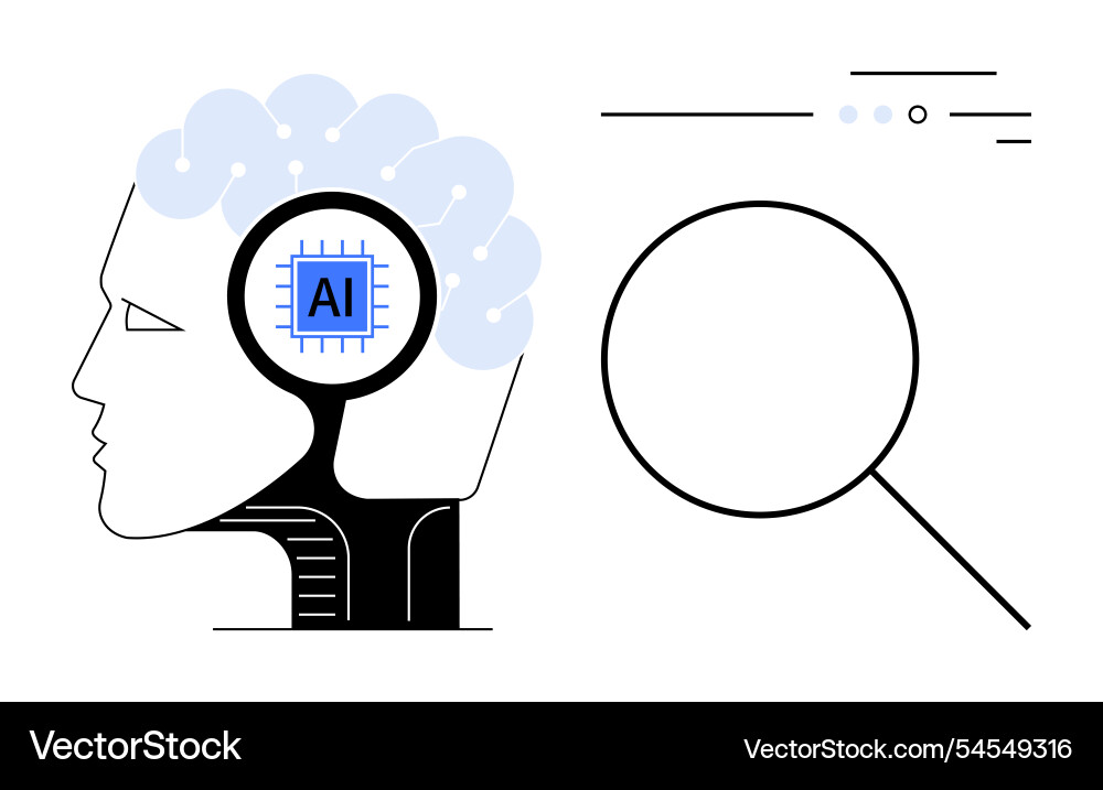 Human head with ai circuit brain and magnifying Vector Image