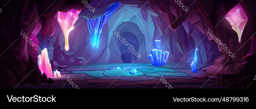 Treasure cave with blue crystals on walls Vector Image