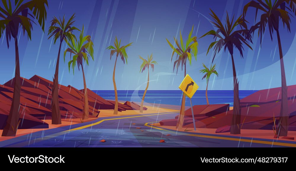 Rainfall on highway to sea beach Royalty Free Vector Image