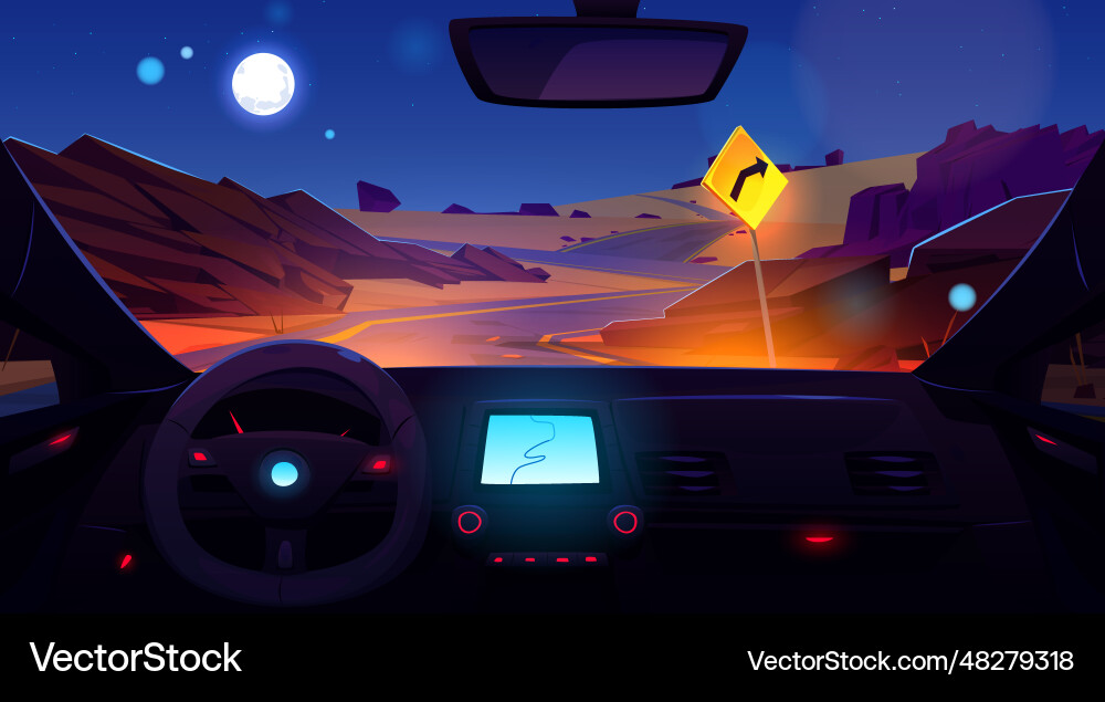 Car driver view of night desert highway Royalty Free Vector