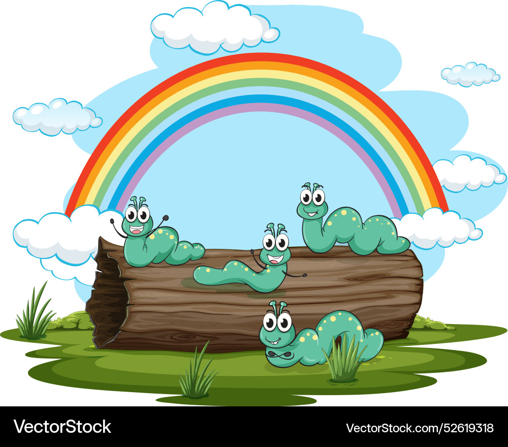 Caterpillars on log with rainbow background Vector Image