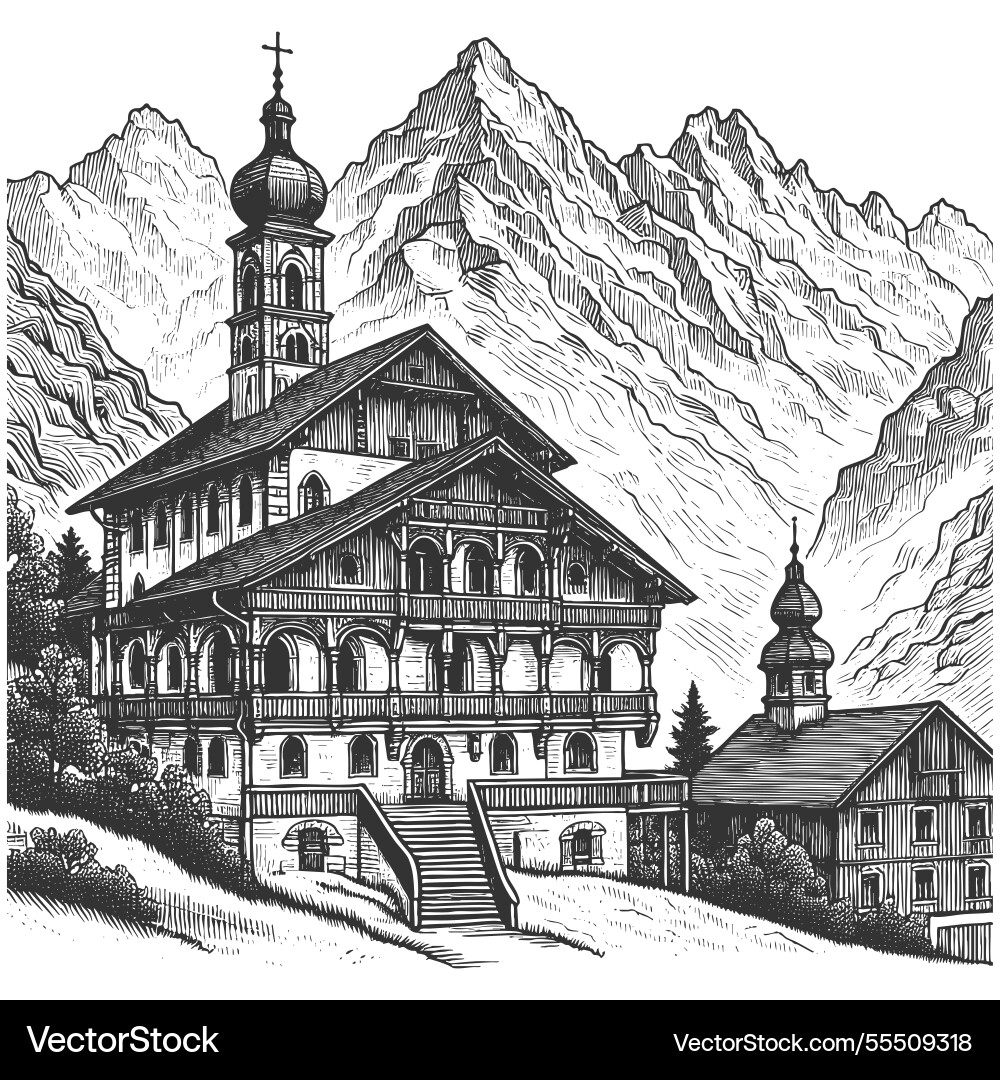 Mountain monastery engraving Royalty Free Vector Image