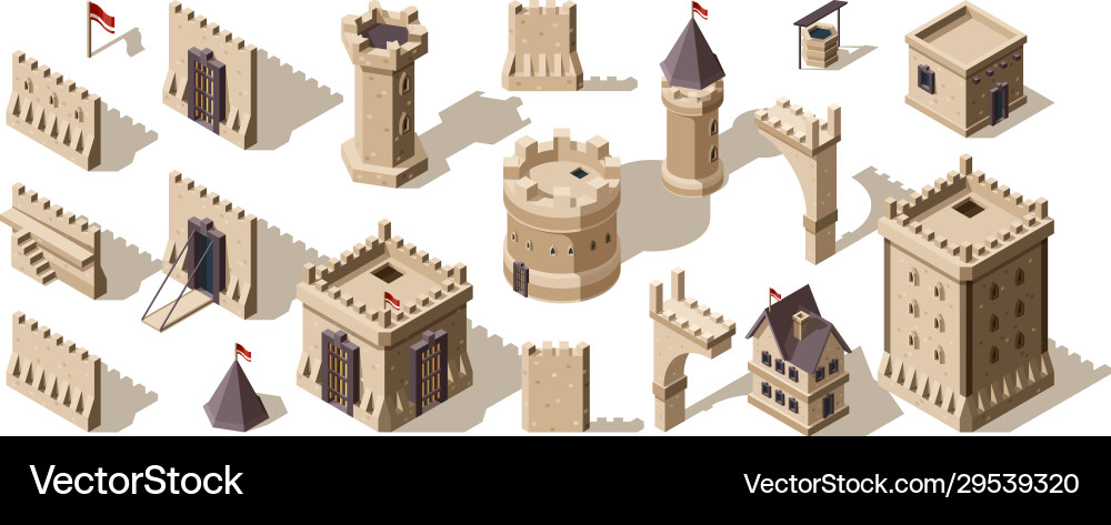 Castles isometric medieval buildings brick wall Vector Image