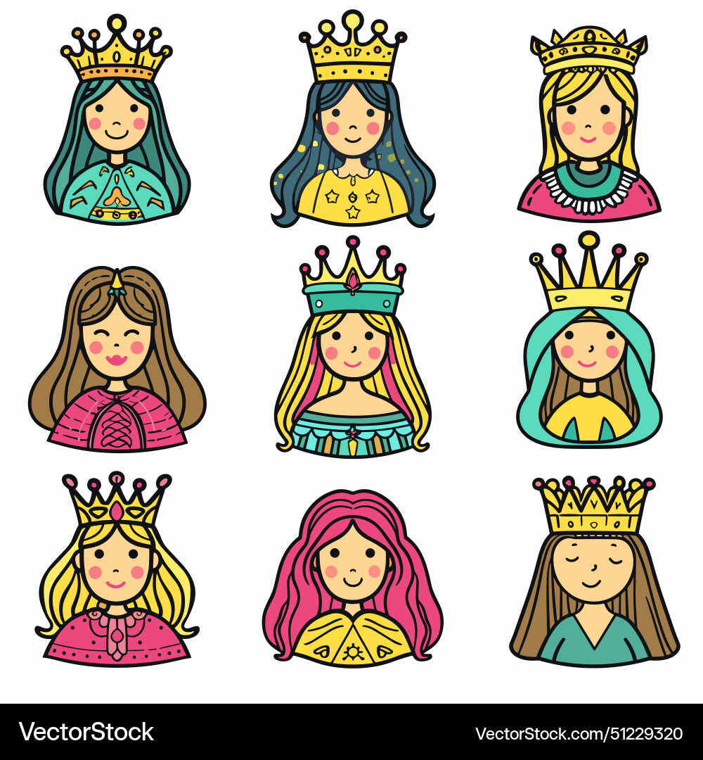 Collection nine cartoon princesses various Vector Image