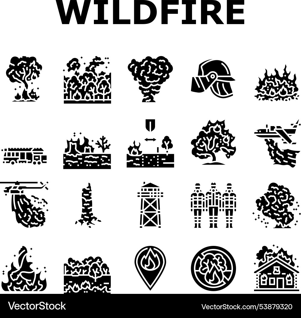 Wildfire blaze firestorm burn icons set Royalty Free Vector