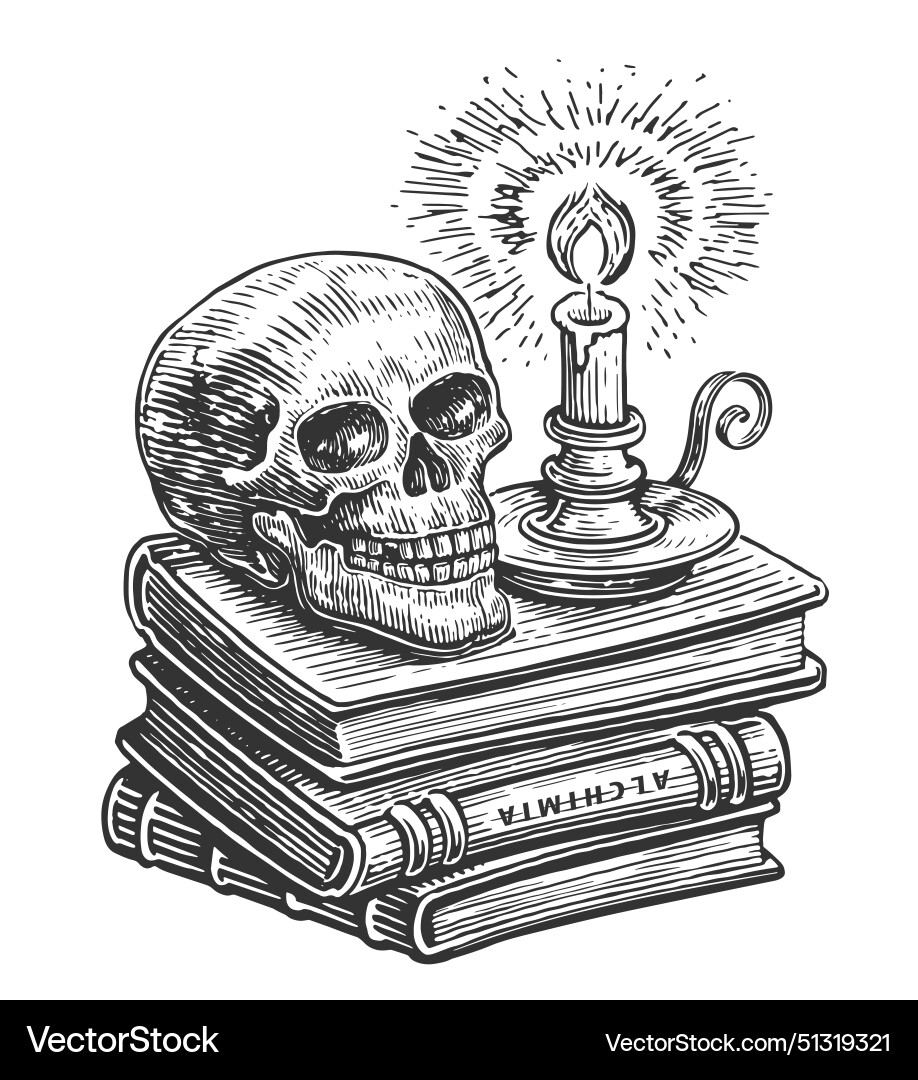 Magical composition with skull spell books stack Vector Image