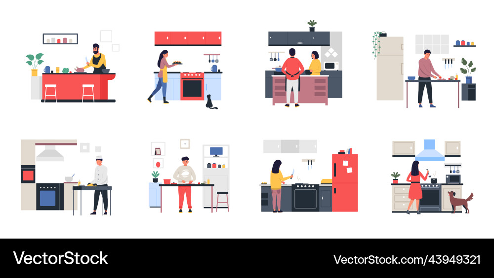 People cooking family prepare dinner on kitchen Vector Image