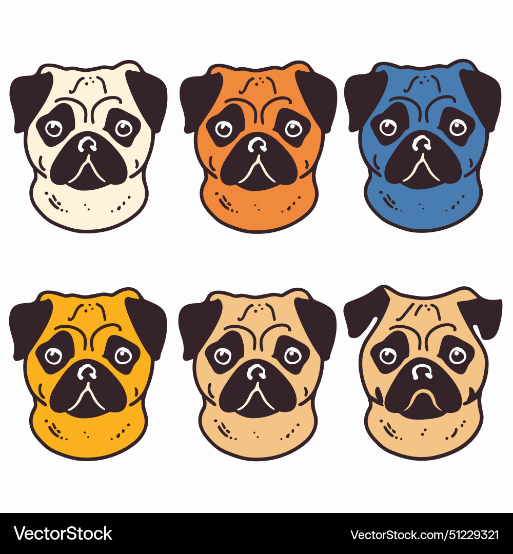 Set six colorful pug dog faces displaying Vector Image