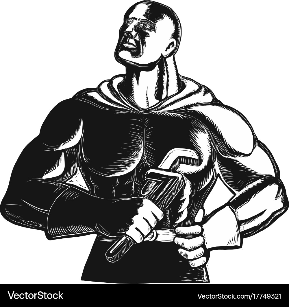 Superhero plumber with wrench woodcut Royalty Free Vector
