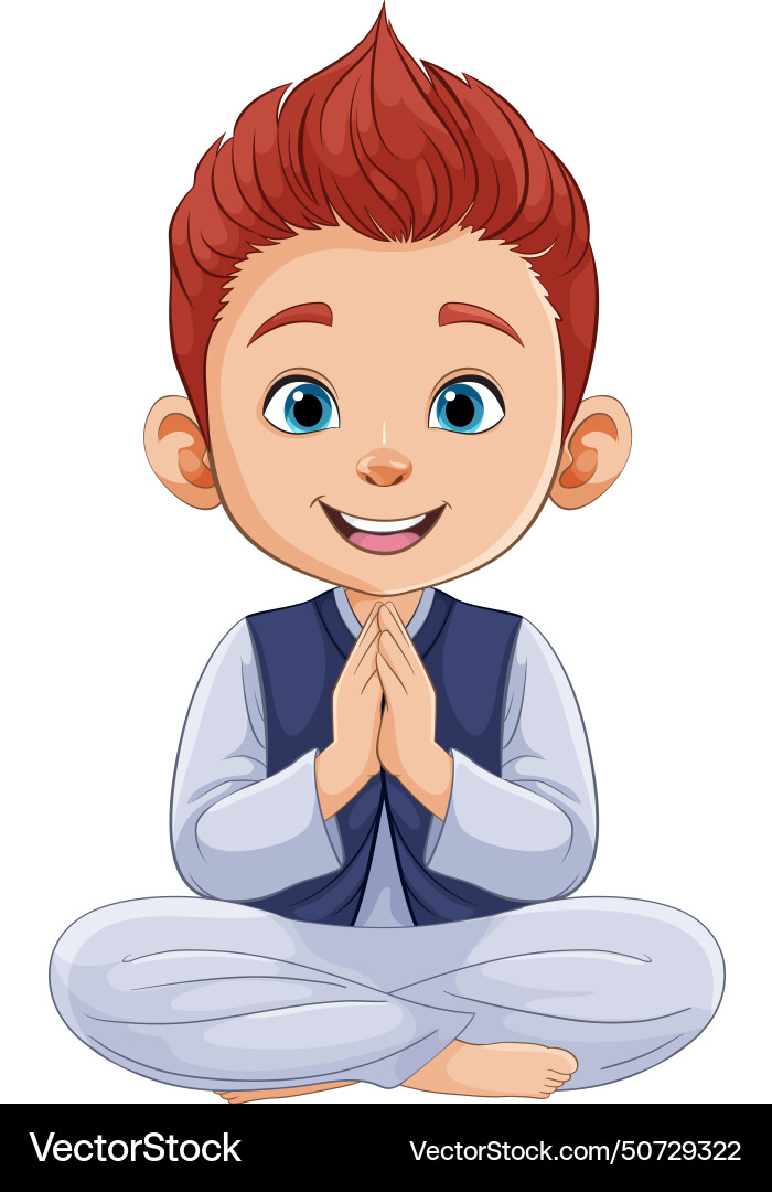 Cartoon boy meditating with a joyful expression Vector Image