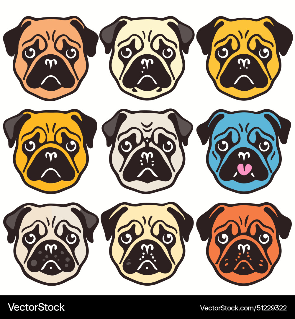 Nine cartoon pug faces expressing different Vector Image