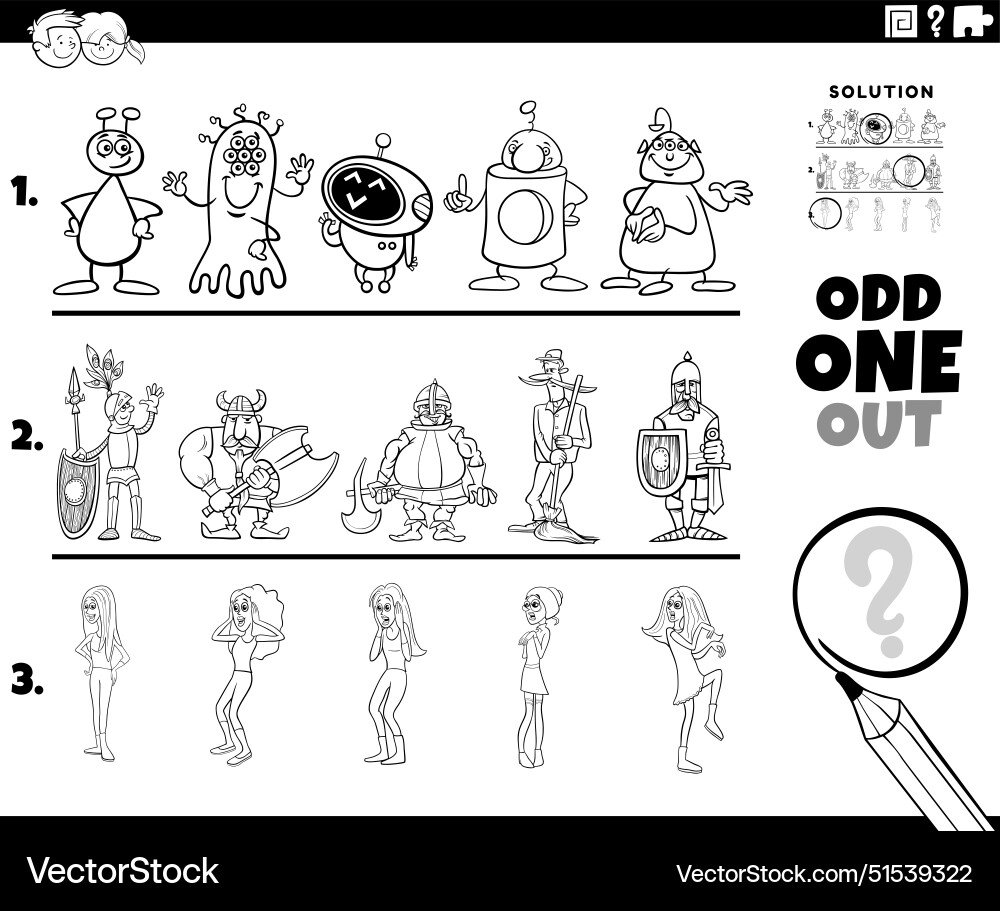 Odd one out activity game with cartoon characters Vector Image
