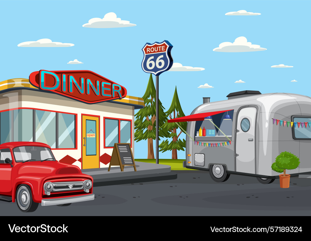 A classic diner and trailer on route 66 bright Vector Image