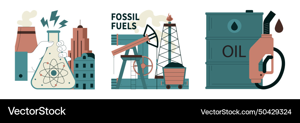 Fossil fuel set resources extraction Royalty Free Vector