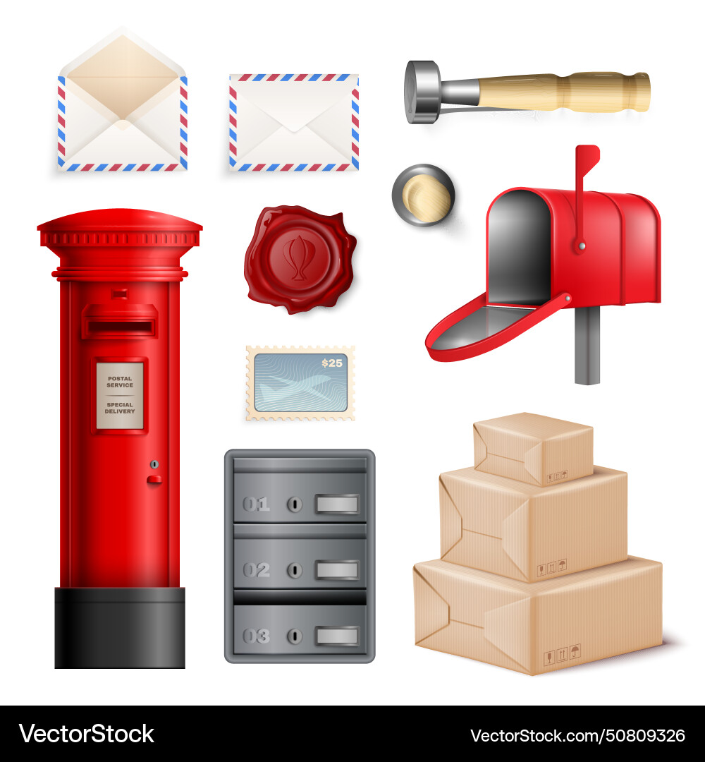 Realistic post office icon set Royalty Free Vector Image