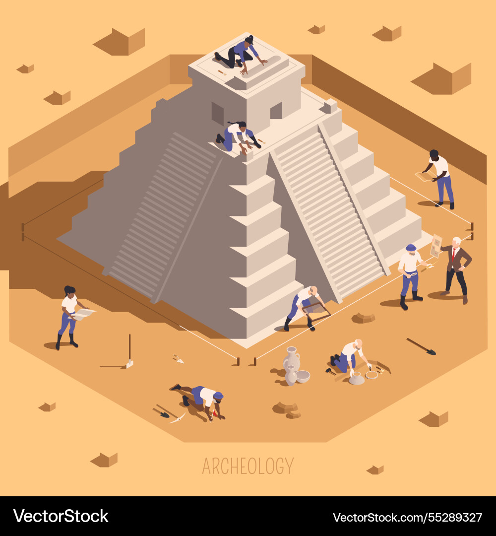 Archaeologists excavating ancient pyramid Vector Image