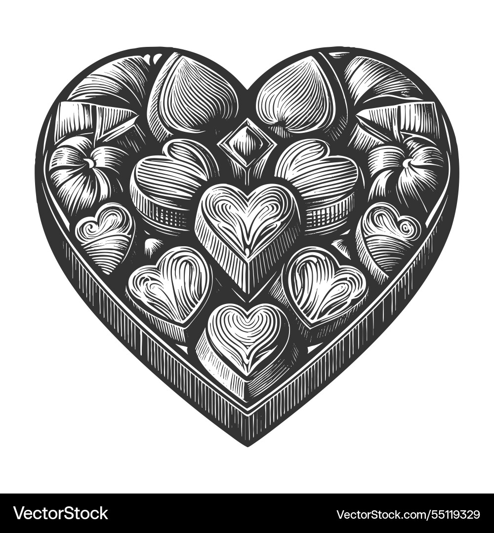 Heart-shaped chocolate box engraving sketch Vector Image