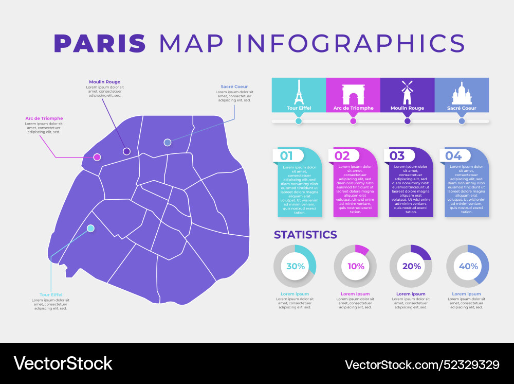 Paris map infographics with statistics Royalty Free Vector