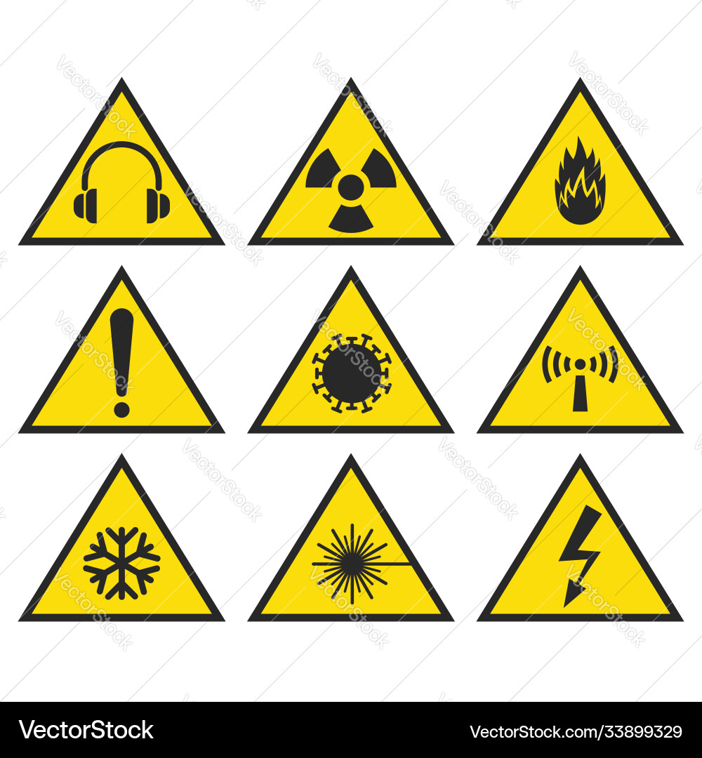 Safety signs set yellow triangle shape Royalty Free Vector