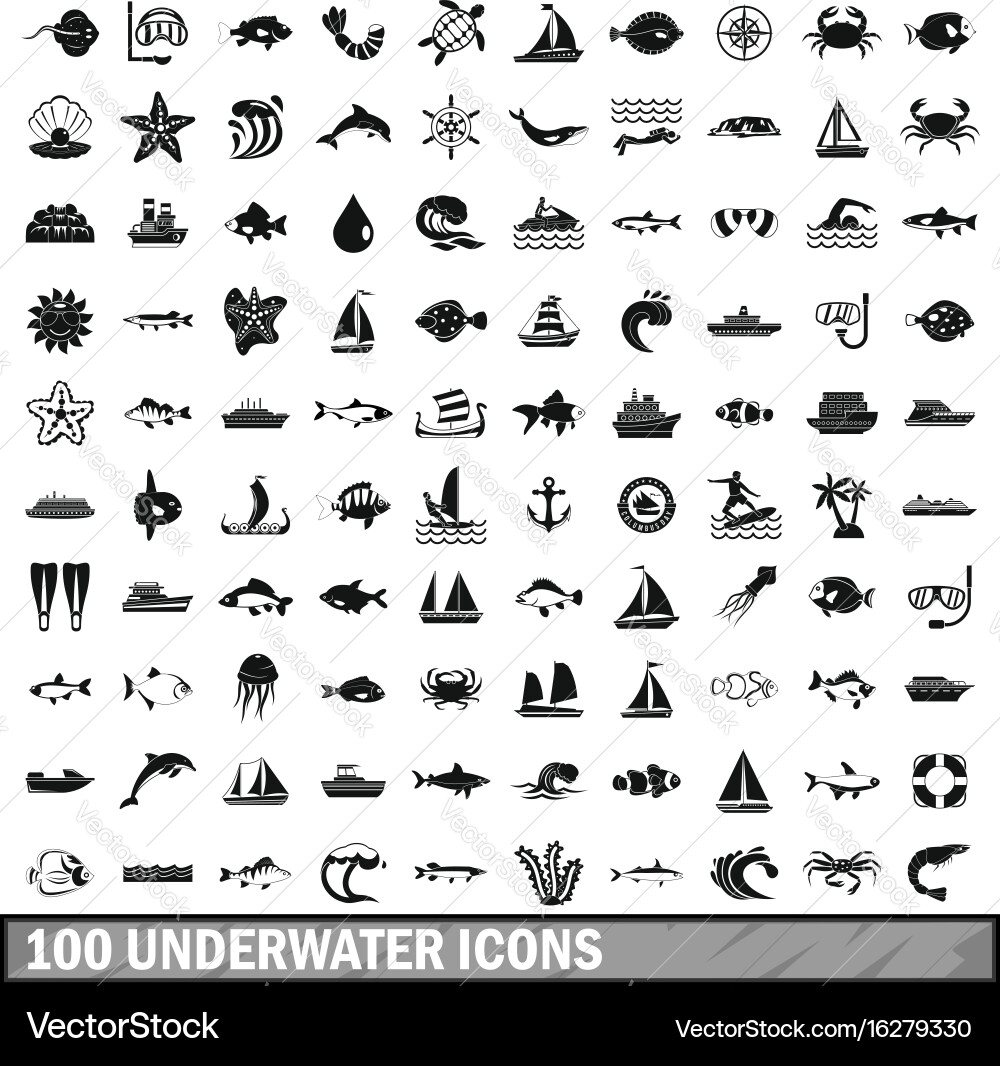 100 underwater icons set simple style Royalty Free Vector