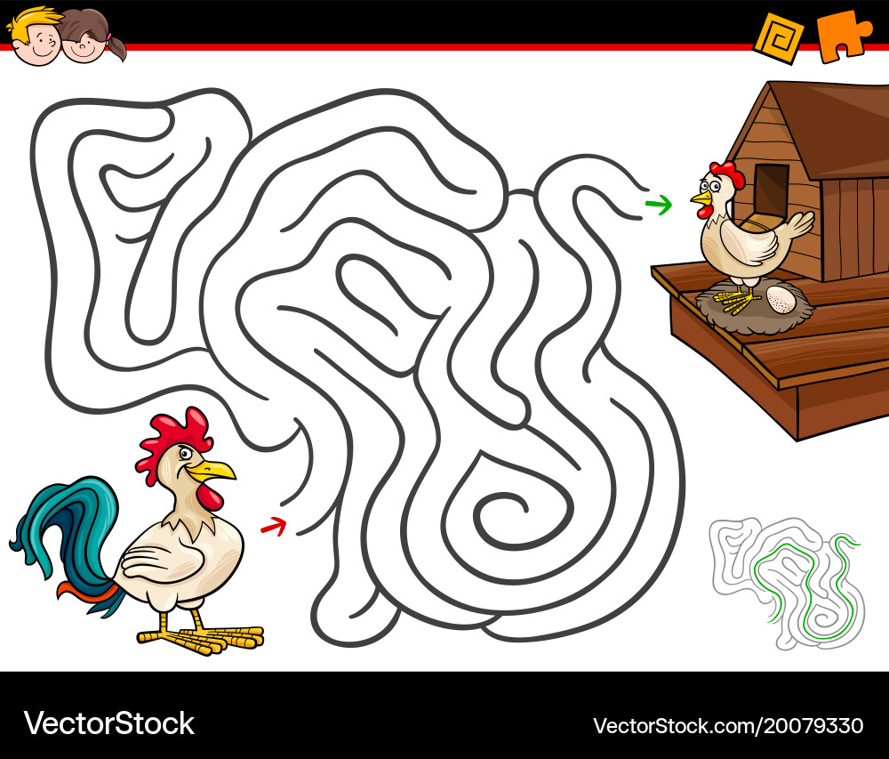 Cartoon maze activity with rooster and hen Vector Image