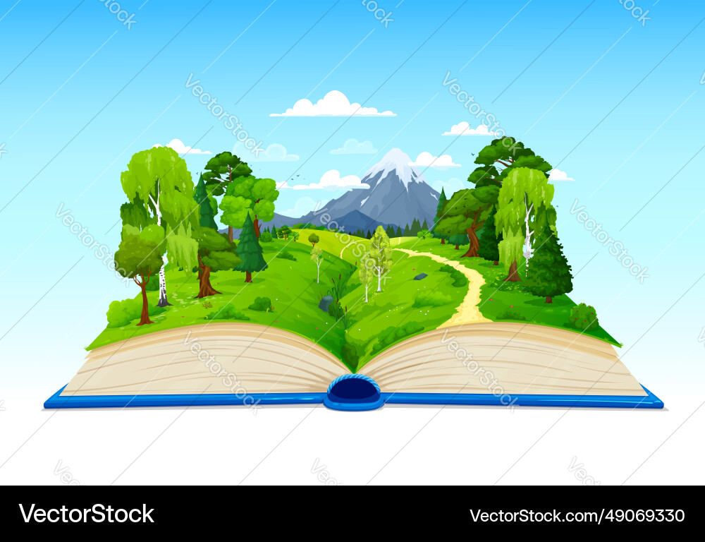 Cartoon opened book with green forest and meadow Vector Image