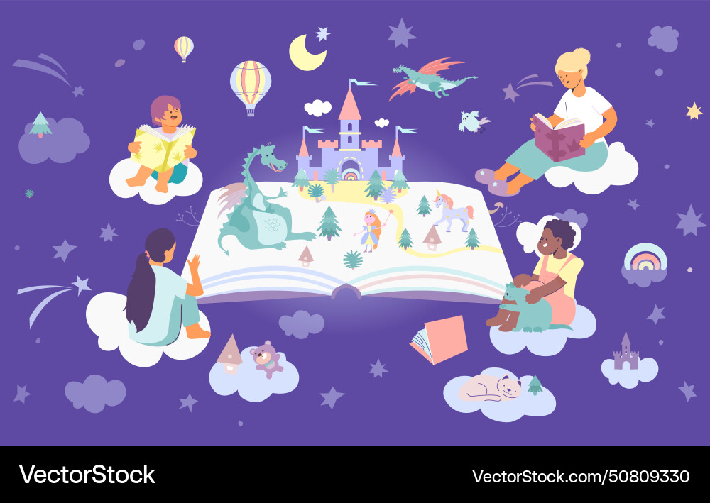 Fairy tales reading flat background Royalty Free Vector