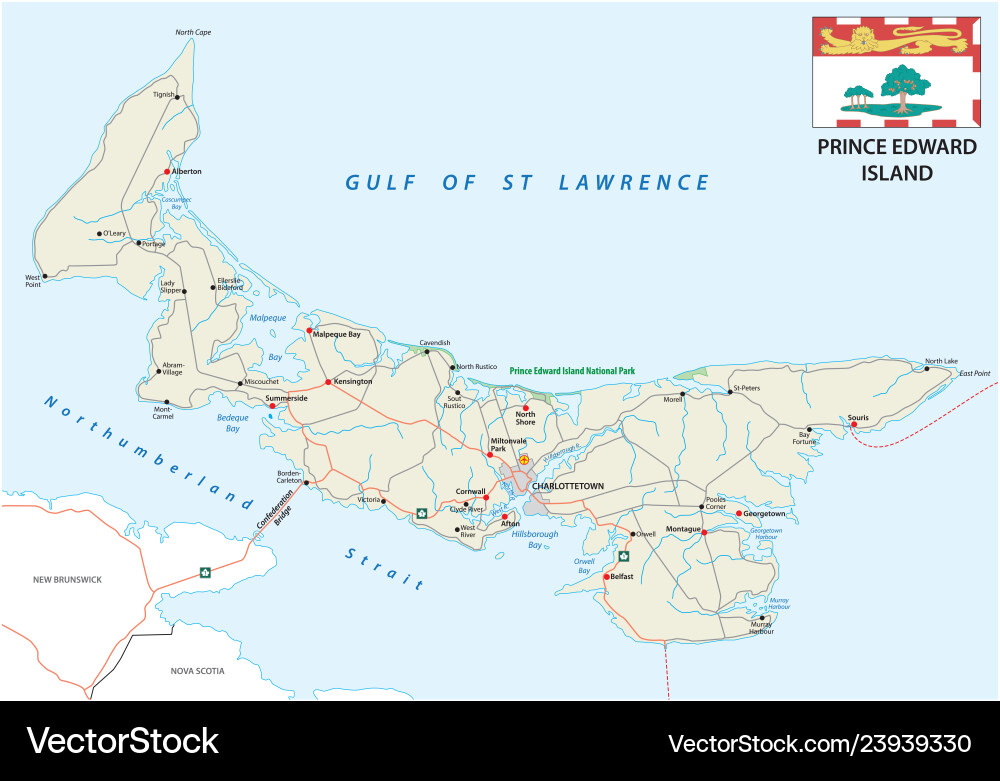 Prince edward island road map with flag Royalty Free Vector