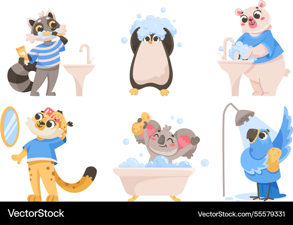 Animal characters and hygiene rules washing Vector Image