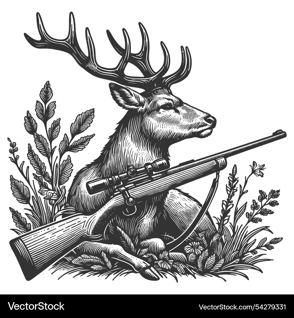 Deer with hunting rifle in nature scene Royalty Free Vector