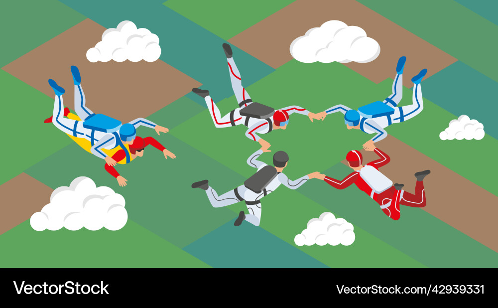 Teamwork parachuting isometric composition Vector Image