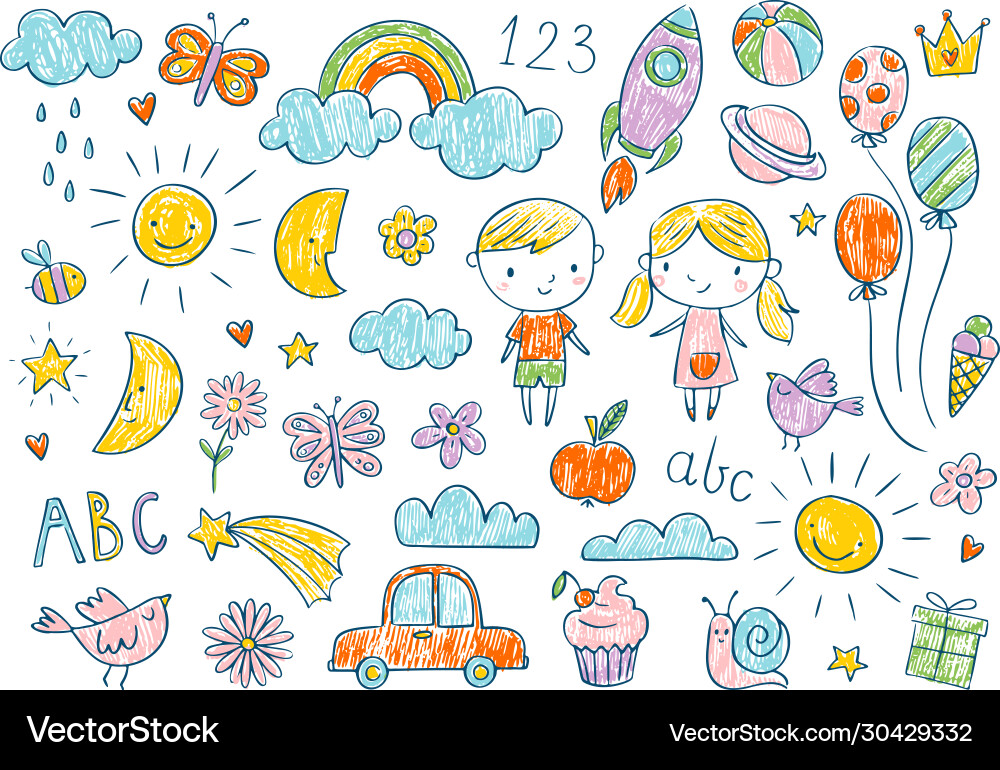 Hand-drawn kids doodle set drawings Royalty Free Vector