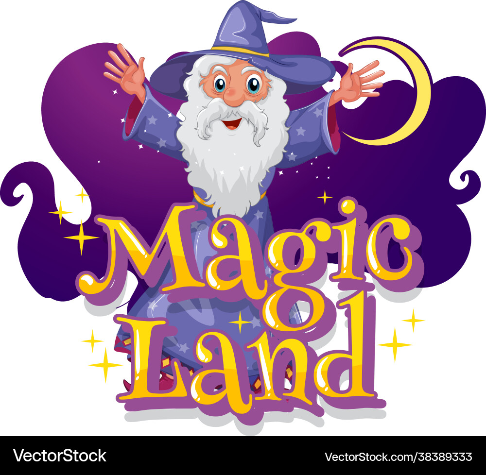 Magic land font with a wizard cartoon character Vector Image