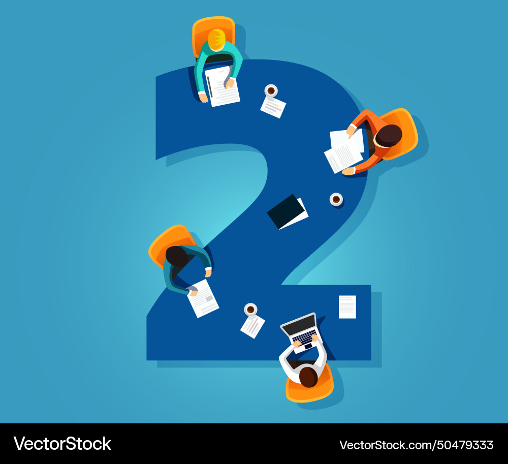 Number 2 team works together at a table Royalty Free Vector
